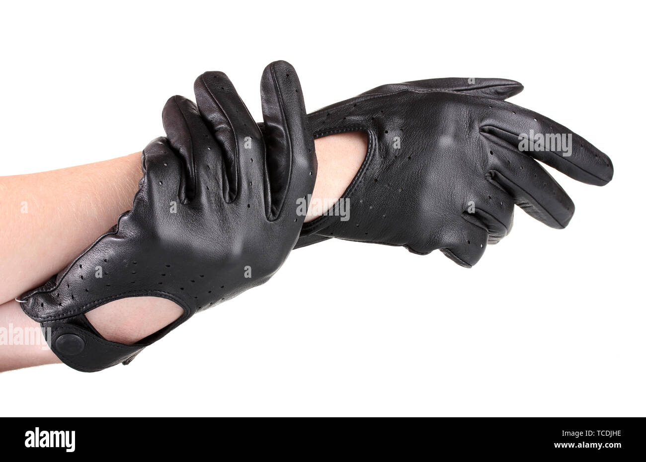 women's hands in black leather gloves isolated on white Stock Photo - Alamy