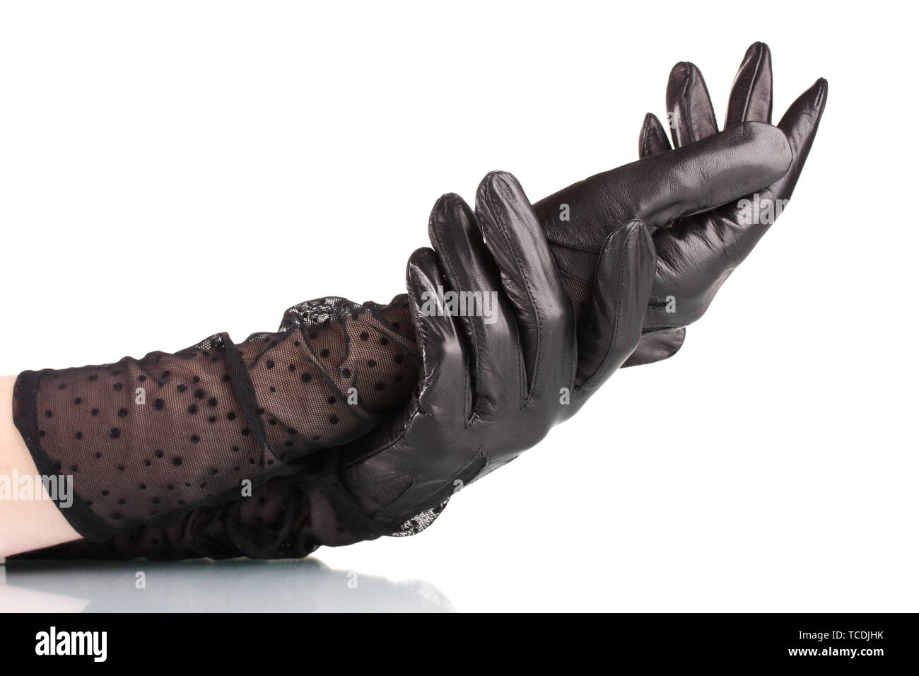 women's hands in black leather gloves isolated on white Stock Photo - Alamy