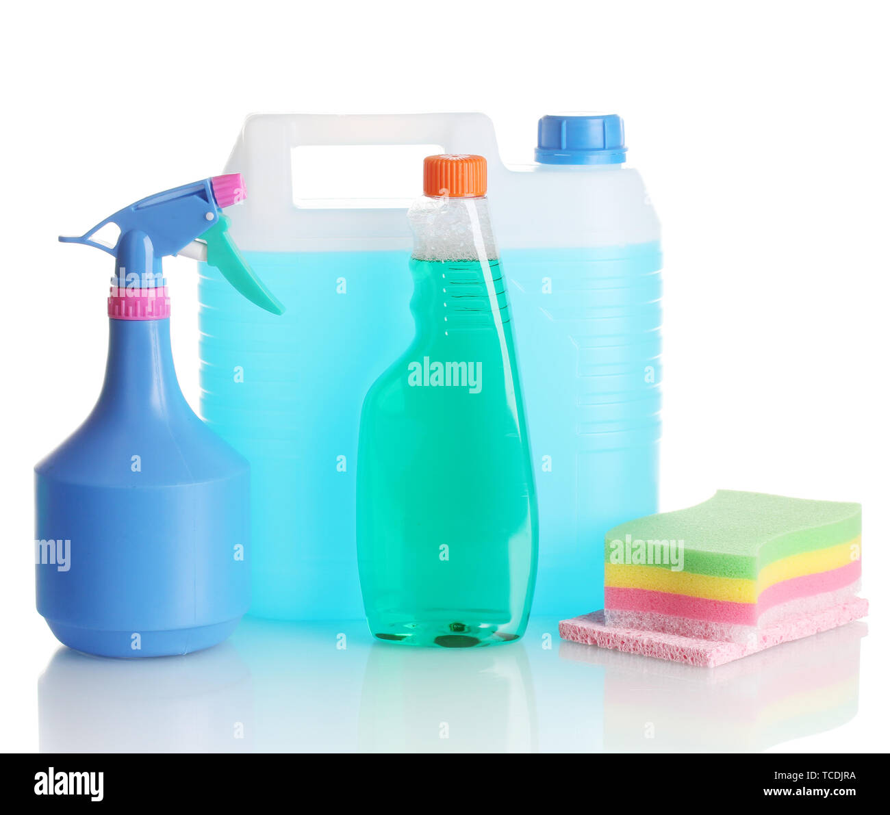 canister with liquid and detergent bottles isolated on white Stock ...
