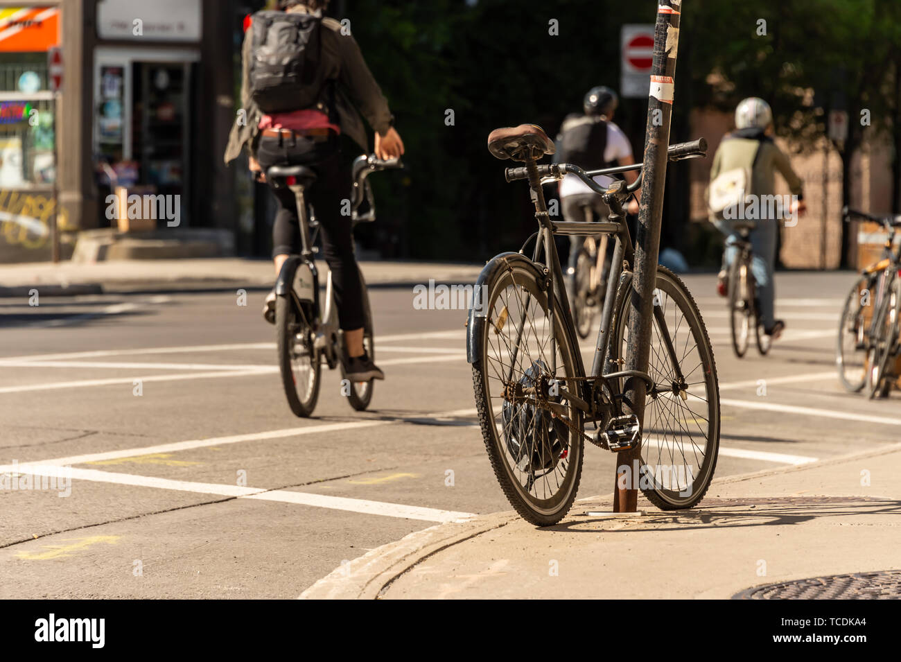 People riding bikes on a cycle path, on Laurier Street in the Plateau ...