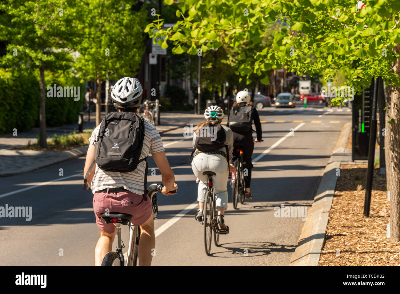 Montreal, Canada - 6 June 2019: People are riding bikes on a cycle path ...