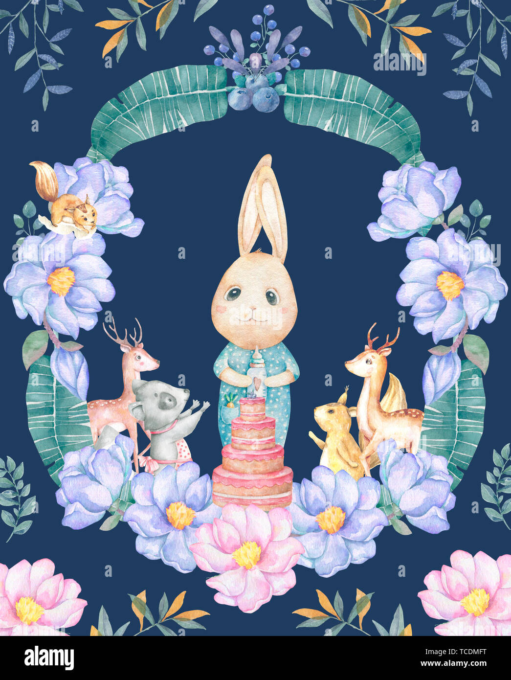 Cute happy birthday card with cartoon Bunny. Watercolor rabbit clip art ...
