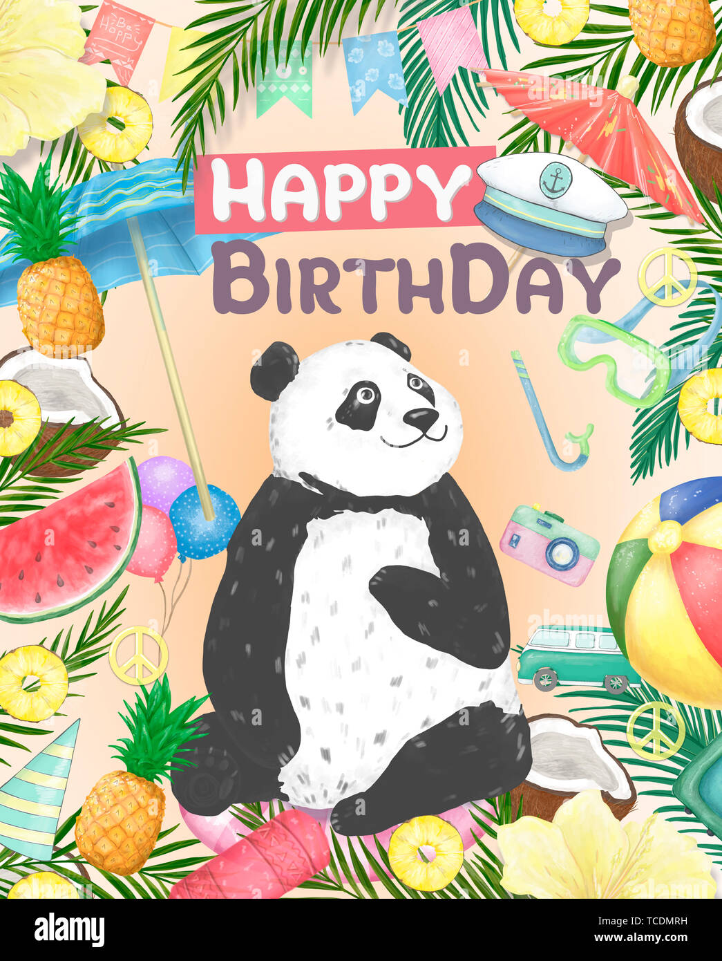 Happy Birthday card design with cute panda Watercolor isolated cute ...