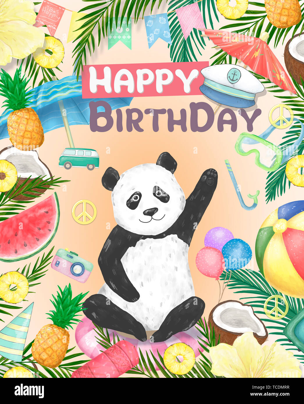 Happy Birthday card design with cute panda Watercolor isolated cute ...