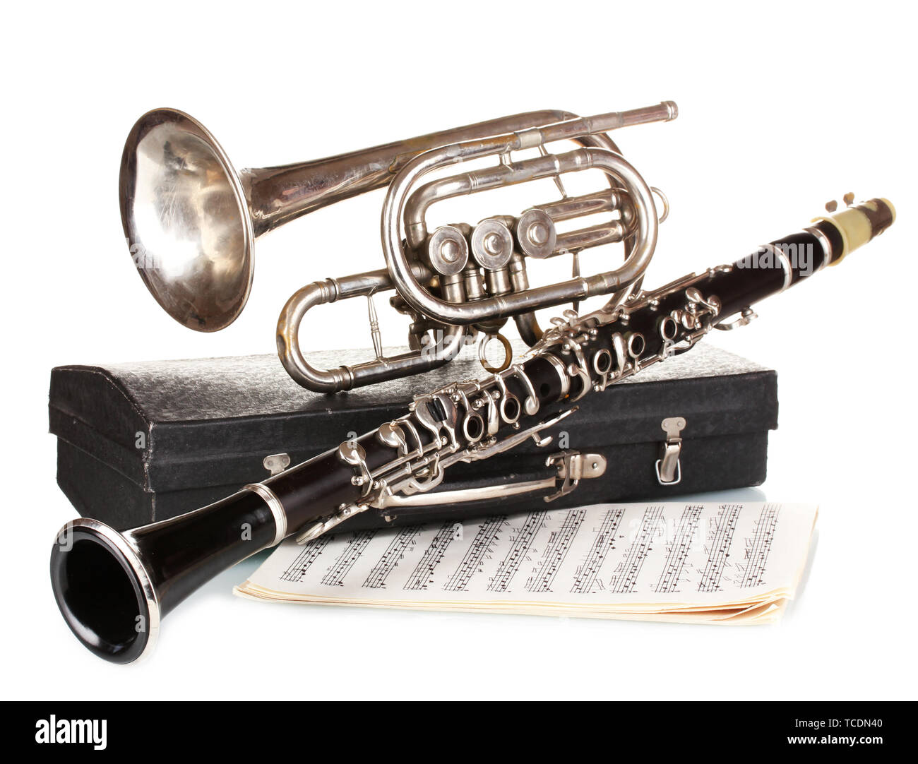 antique trumpet, clarinet and case isolated on white Stock Photo - Alamy
