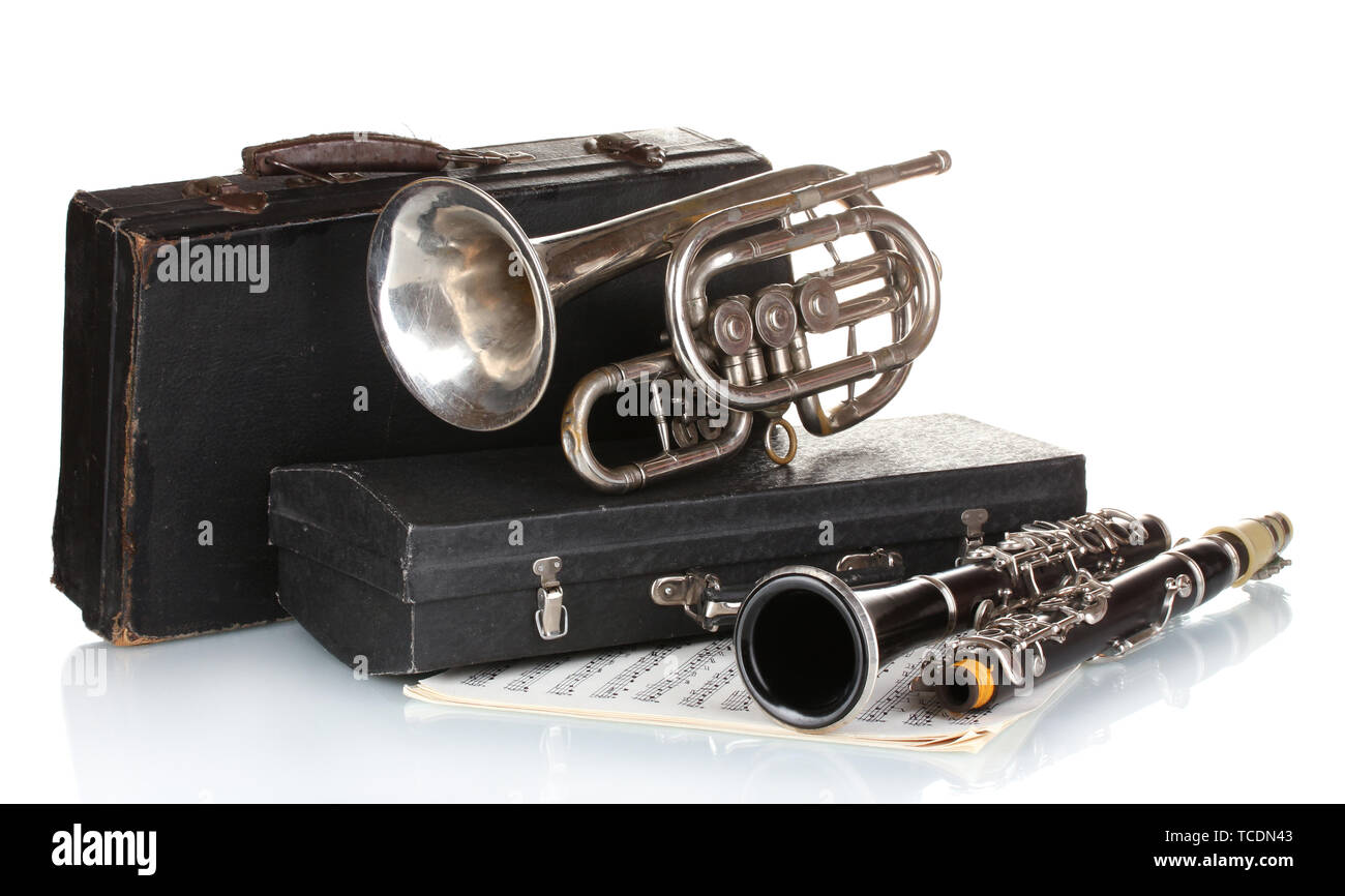 antique trumpet, clarinet and case isolated on white Stock Photo - Alamy