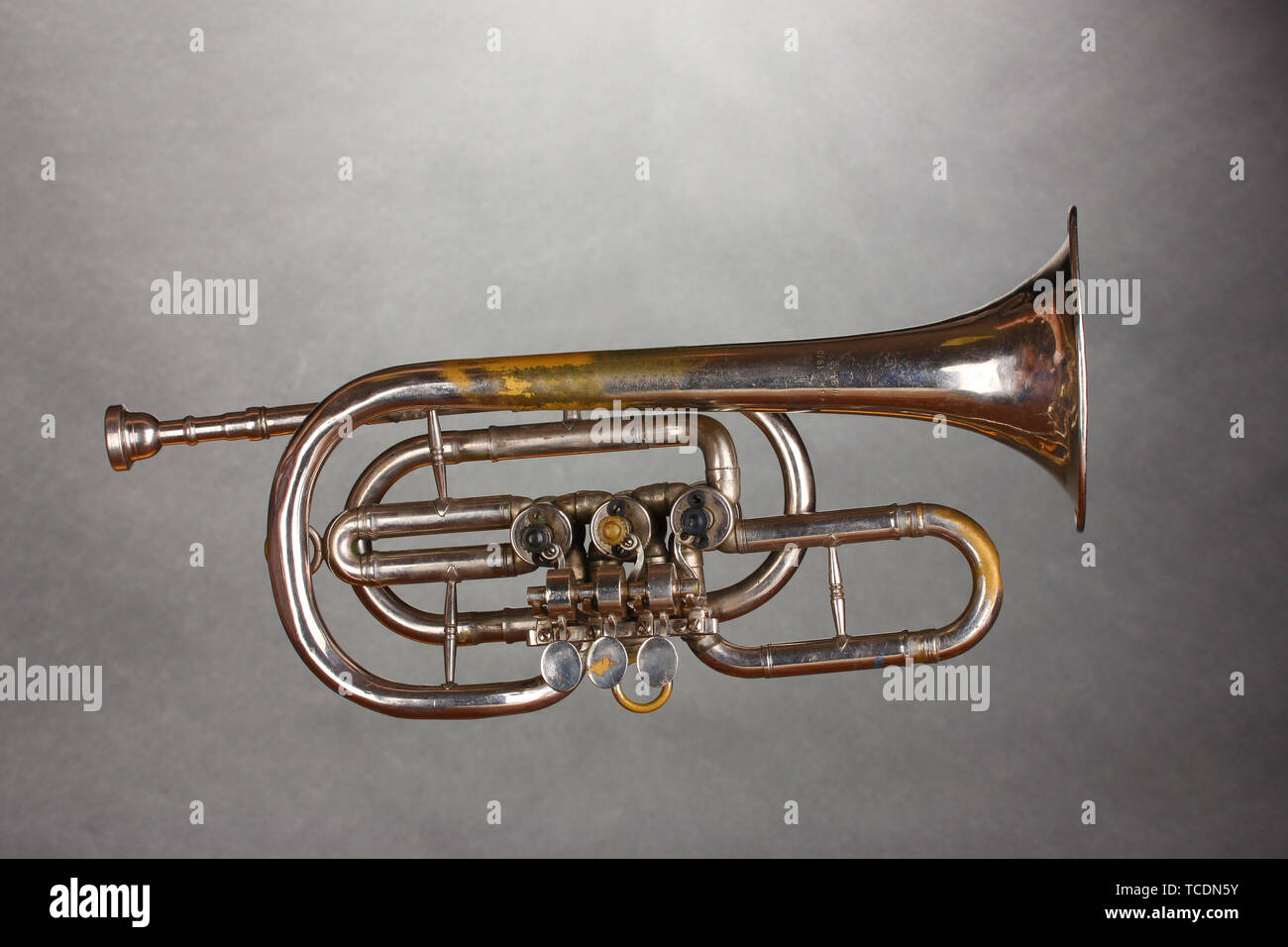 old trumpet on gray background Stock Photo - Alamy