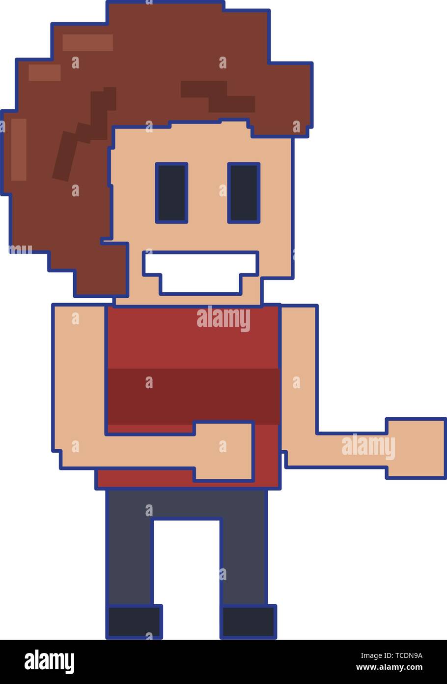 Retro videogame smiling guy characeter pixelated cartoon blue lines ...