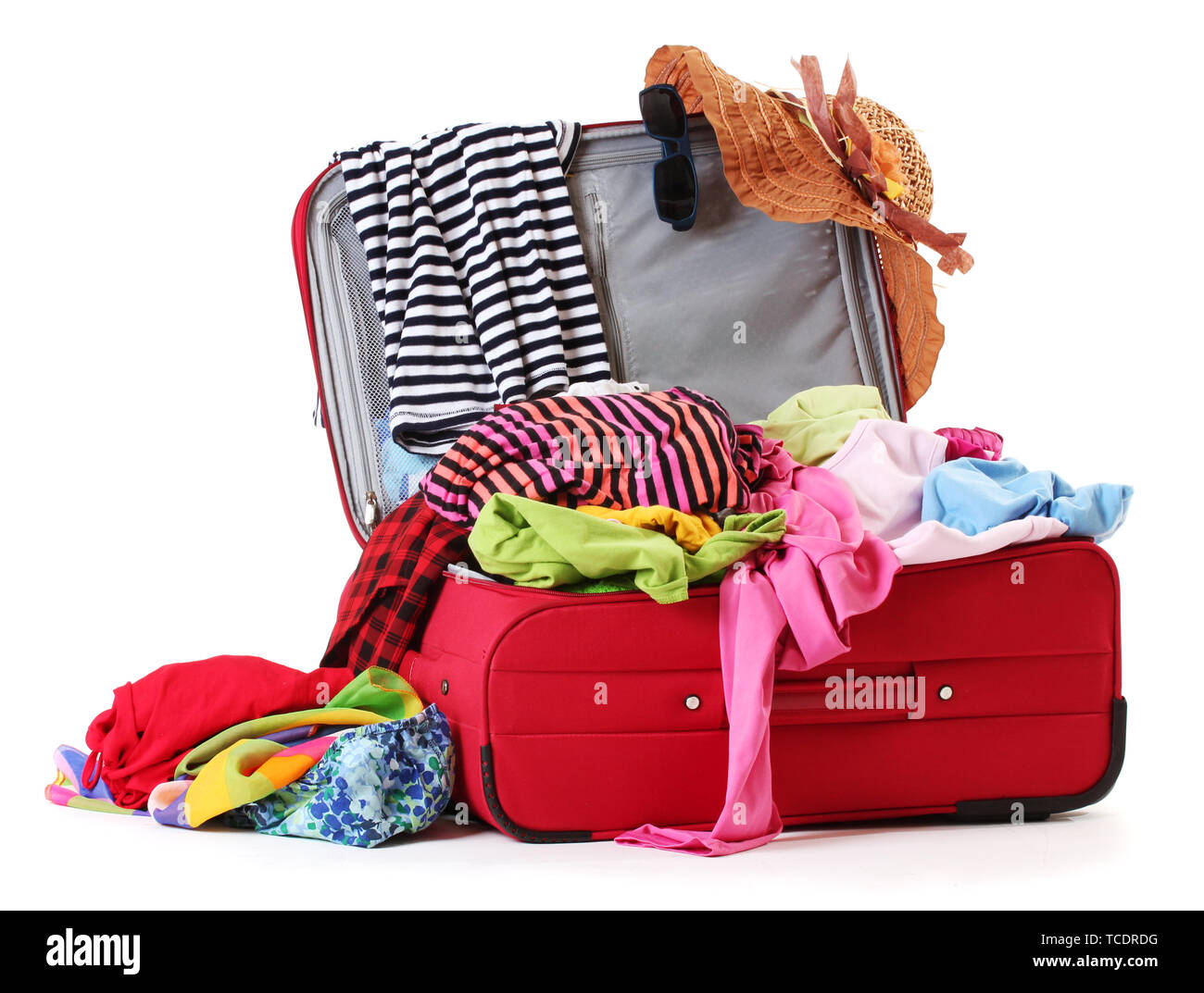 Open red suitcase with clothing isolated on white Stock Photo - Alamy