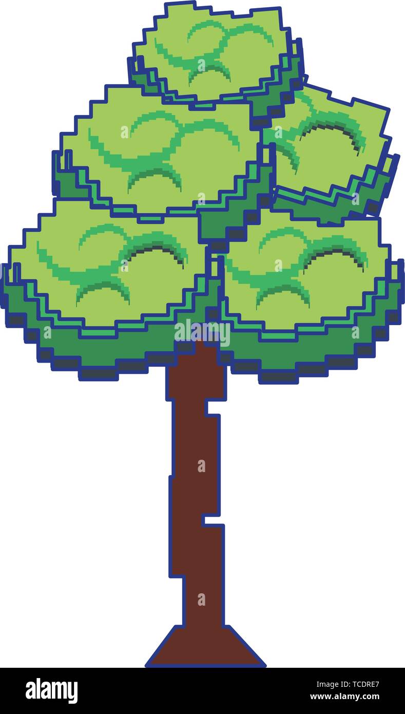 Retro videogame tree pixelated cartoon isolated blue lines Stock Vector ...