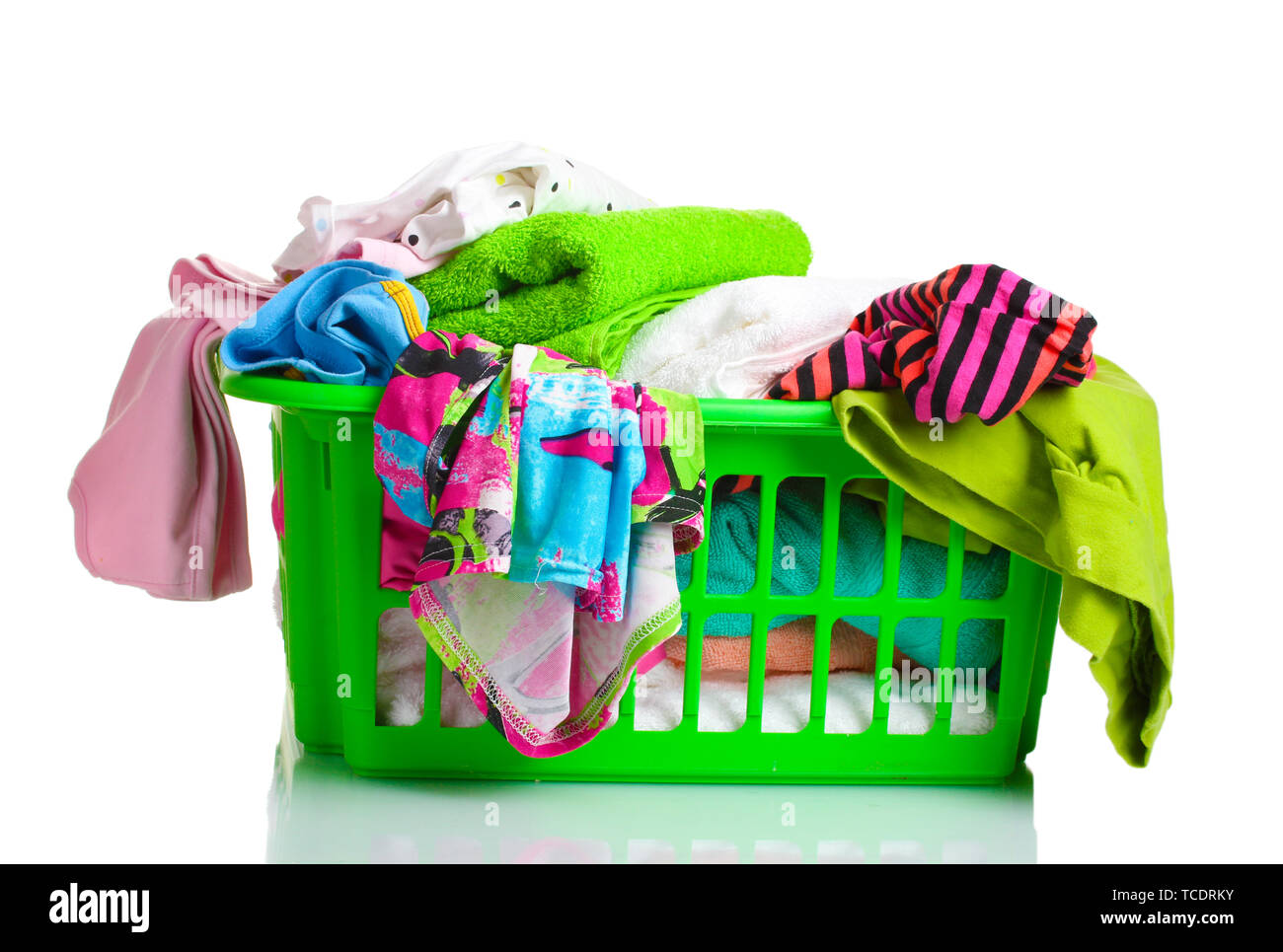Clothes in green plastic basket isolated on white Stock Photo - Alamy