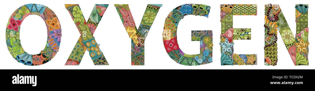 Hand-painted art design. Hand drawn illustration word OXYGEN for t ...