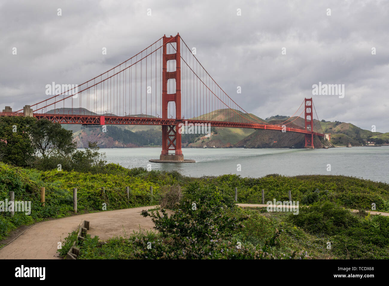 Landscape of structure of Golden Gate bridge above channel water under ...