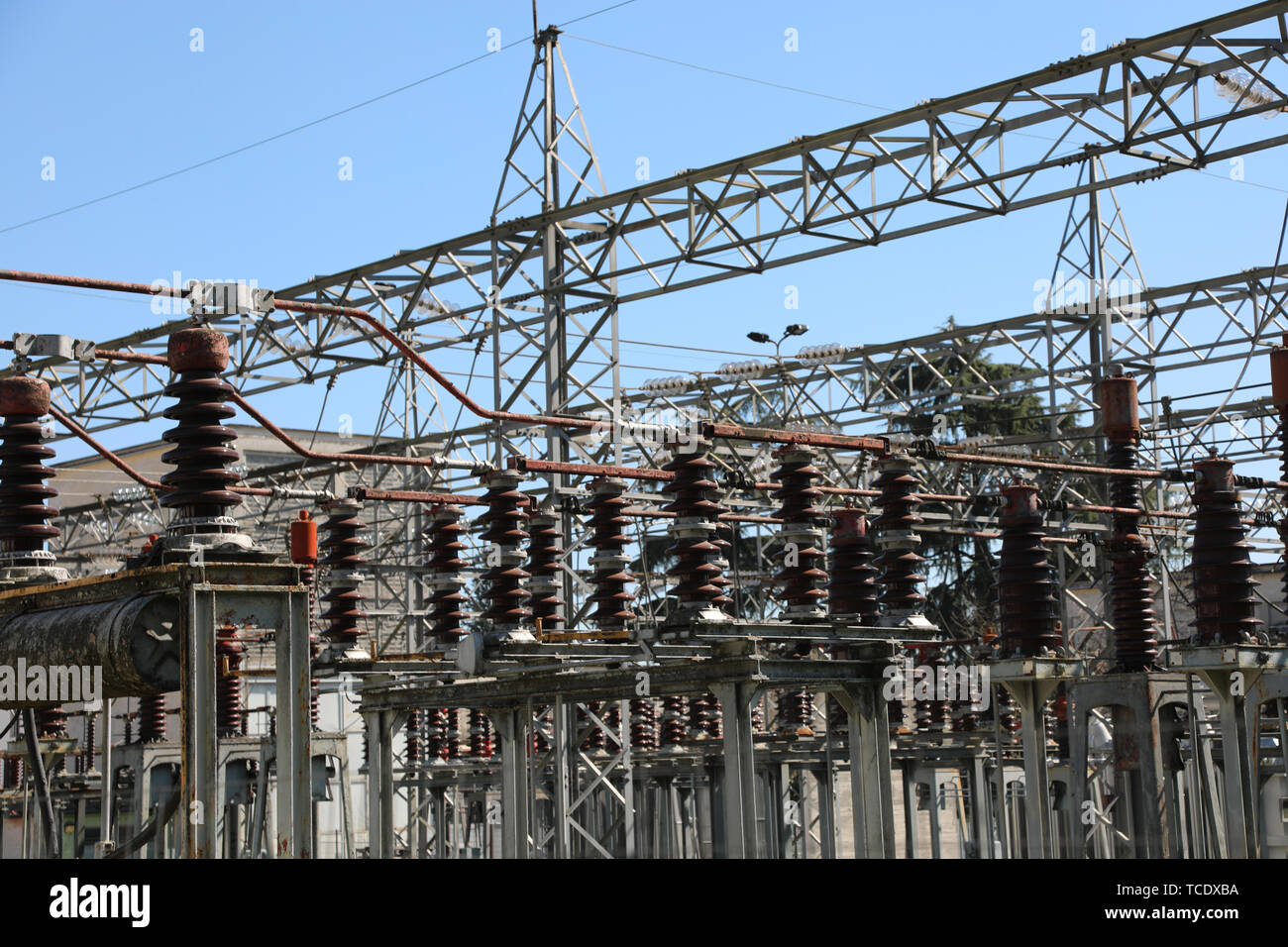 big industrial breakers of a power plant with very high voltage power ...