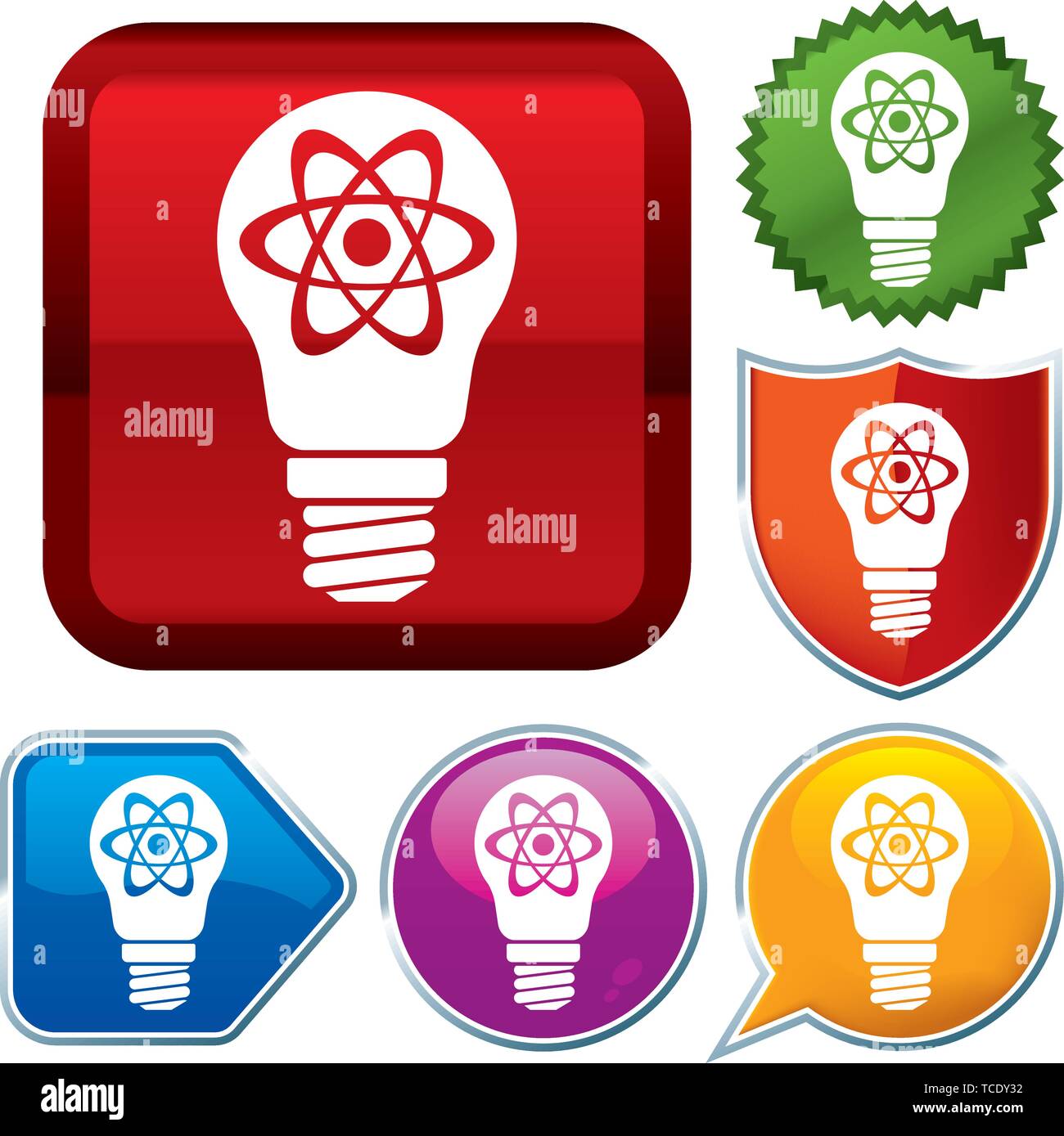 Vector illustration. Set shiny icon series on buttons. Lightbulb atomic ...