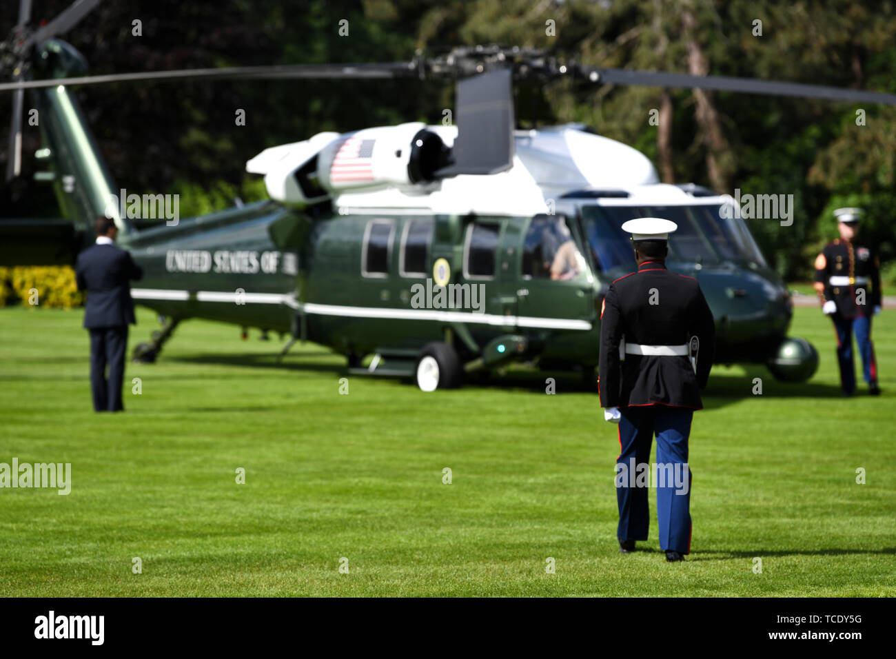 U.S. Marines prepare for the arrival of U.S. President Donald J. Trump ...