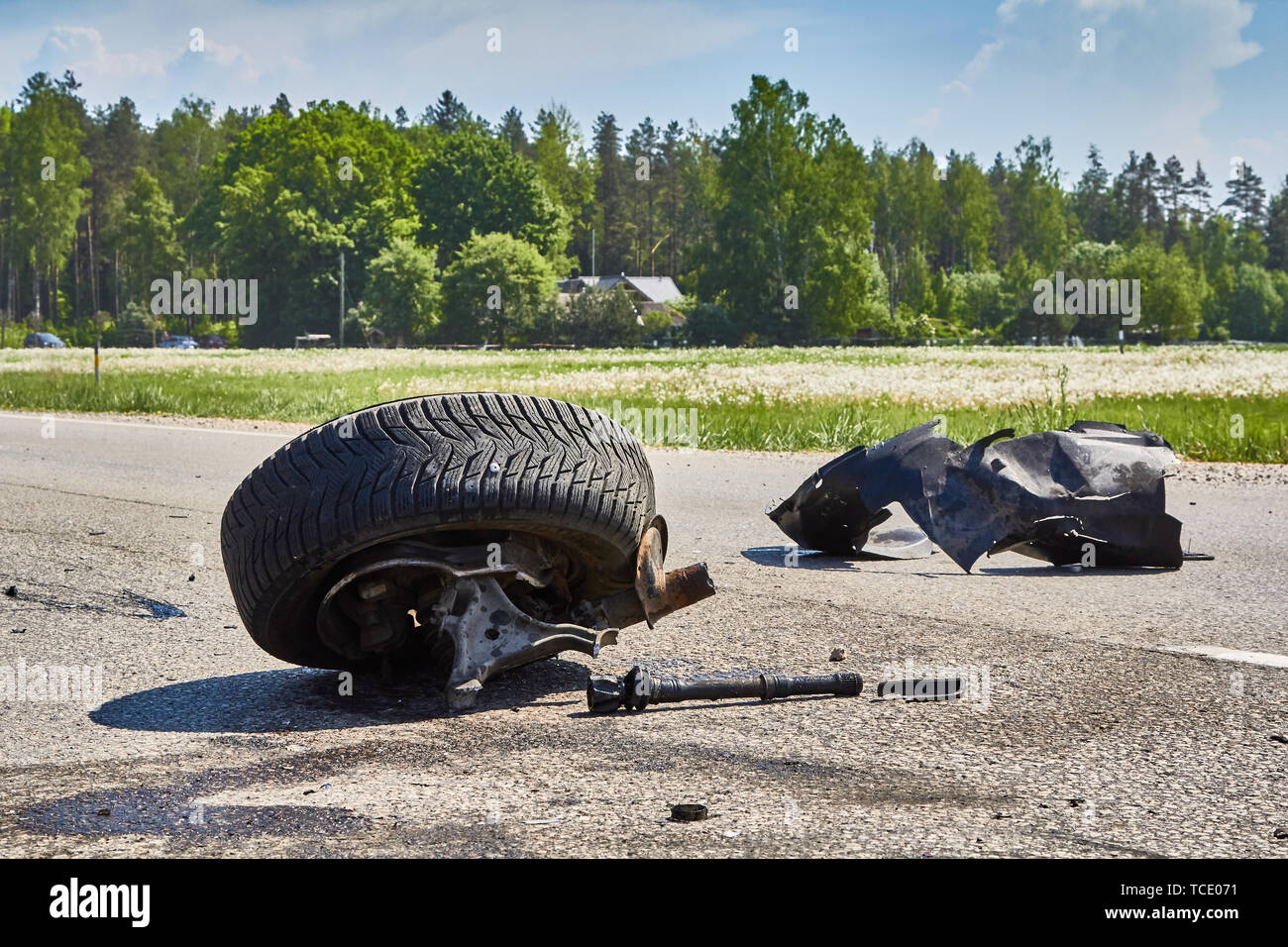 tire of car after accident on a road because of frontal collision ...