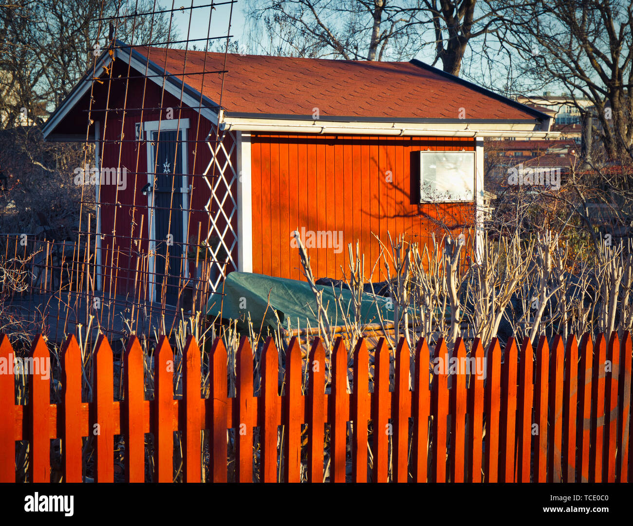 Traditional falu red timber allotment cottage, Tantolunden allotment ...