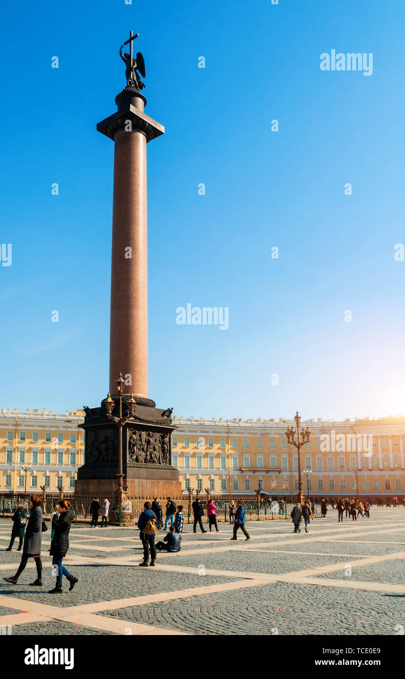 St Petersburg, Russia - April 5, 2019. Alexander Column on the Palace ...