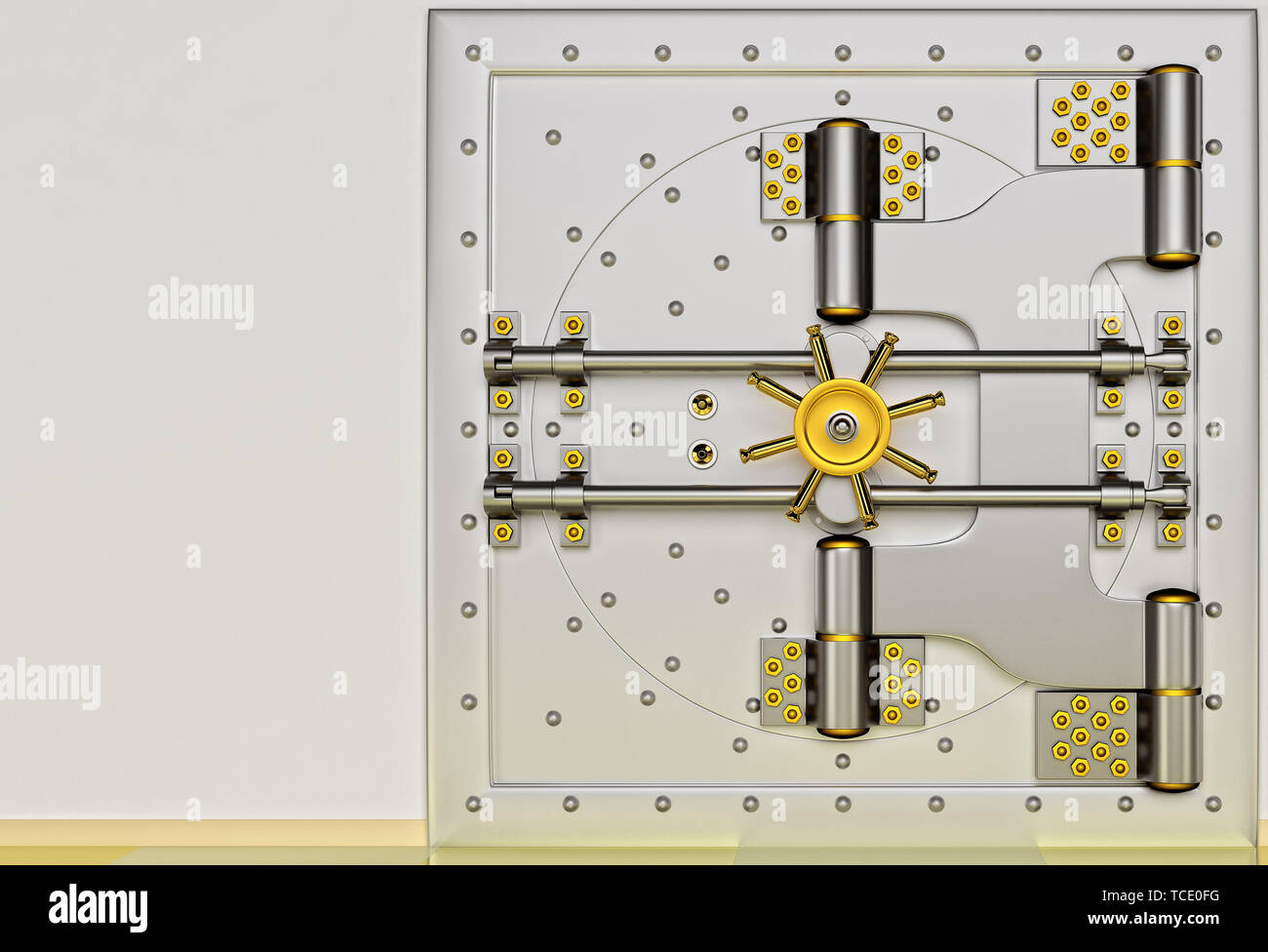Front view of light gold bank vault door, closed. The door to the bank ...