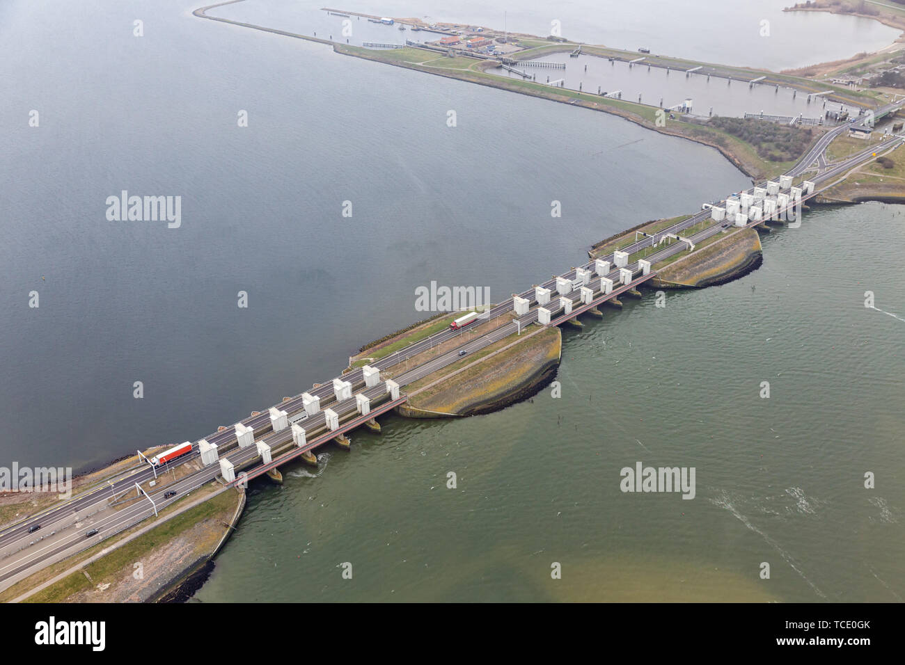 Aerial view Dutch Stevinsluizen near Den Oever, lock complex ...