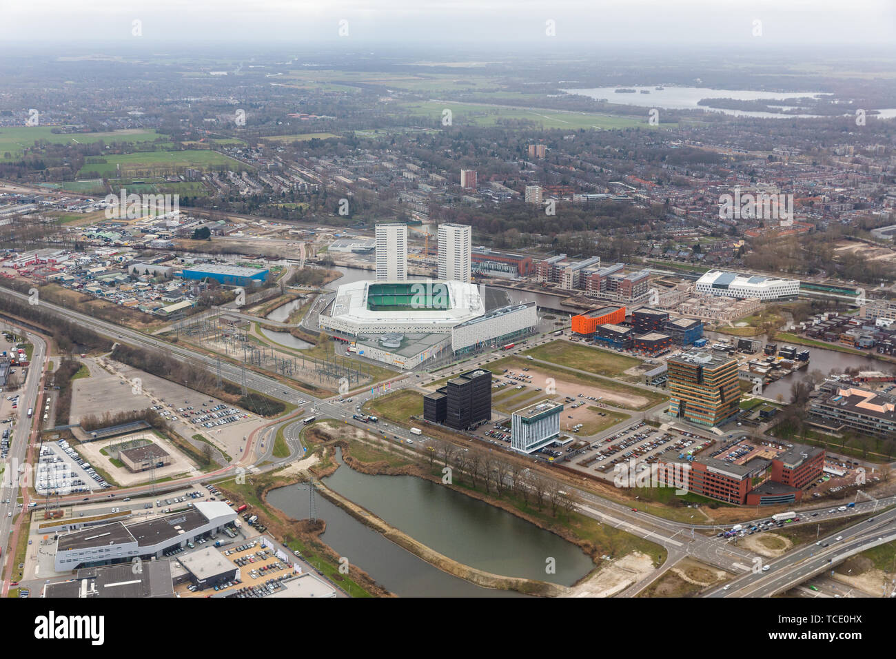 Aerial view skyline Dutch city of Goningen with soccer stadium Stock ...