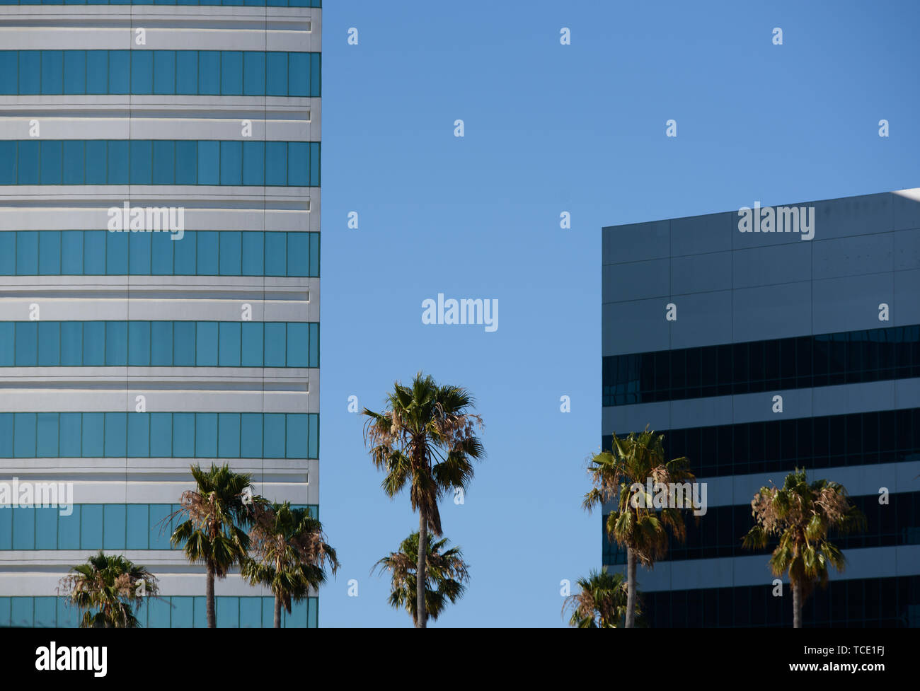 Tall building with blue stripes windows and white walls looking over ...