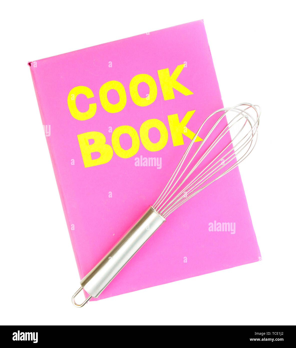 Pink cookbook and kitchenware isolated on white Stock Photo - Alamy
