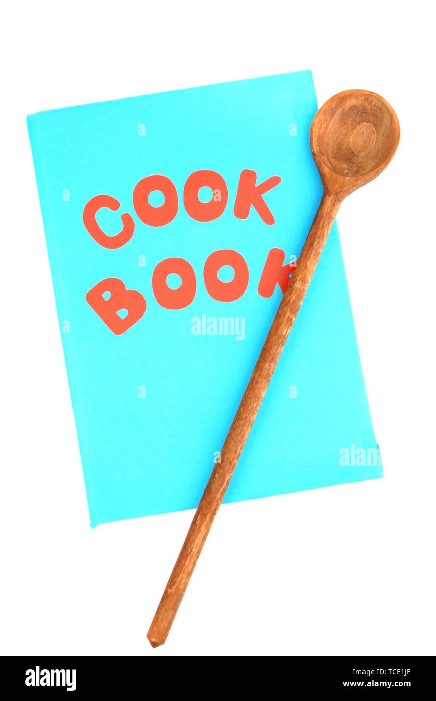 Blue cookbook and kitchenware isolated on white Stock Photo - Alamy