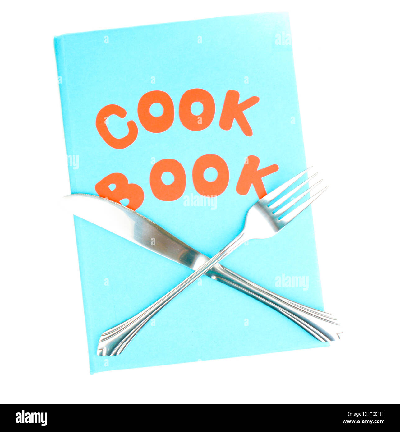 Blue cookbook and kitchenware isolated on white Stock Photo - Alamy