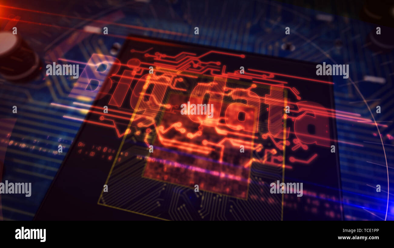 Big data analyzing hologram over working cpu in background. Futuristic with circuit board ...