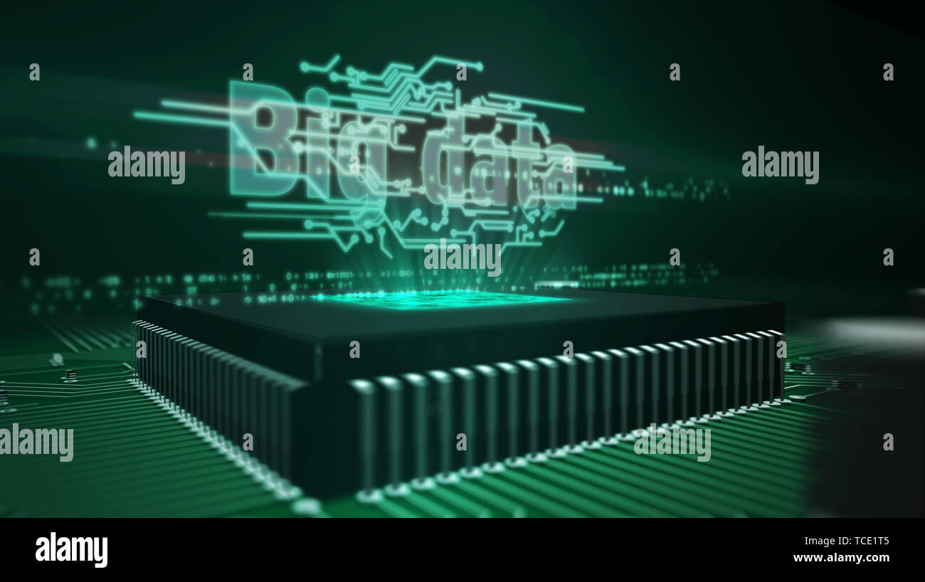 Big data analyzing and digital computing symbol hologram over working cpu in background ...