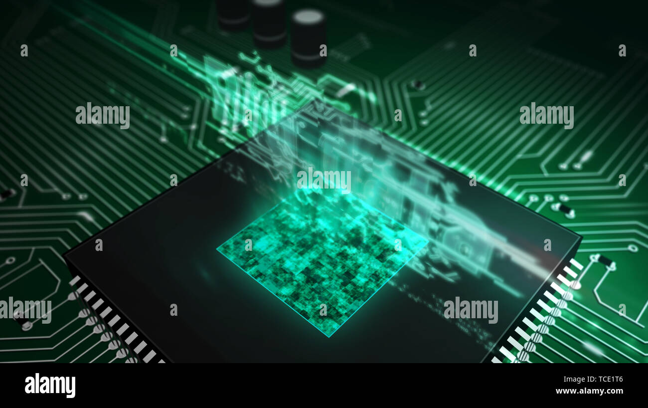 Big data analyzing and digital computing symbol hologram over working cpu in background ...