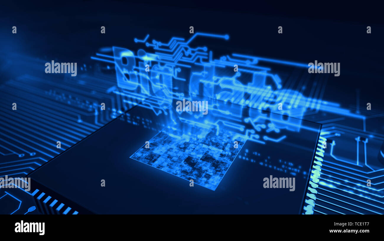 Big data analyzing and digital computing symbol hologram over working cpu in background ...