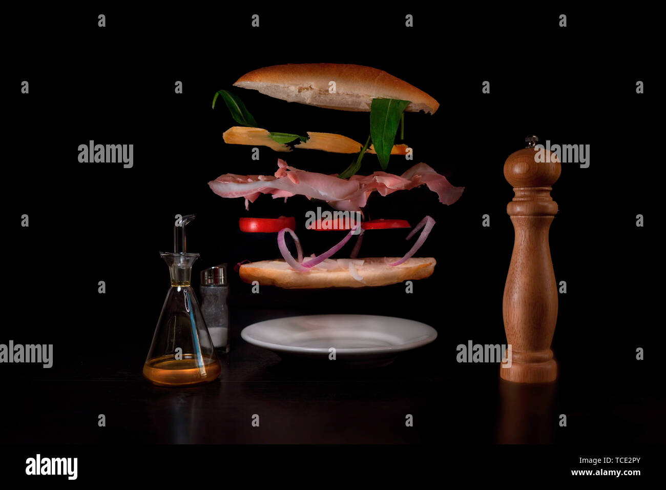 Deconstructed ham, cheese, onion and tomato sandwich Stock Photo - Alamy