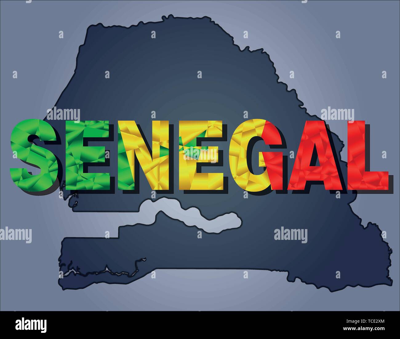 The contours of territory of Senegal and Senegal word in colours of the ...