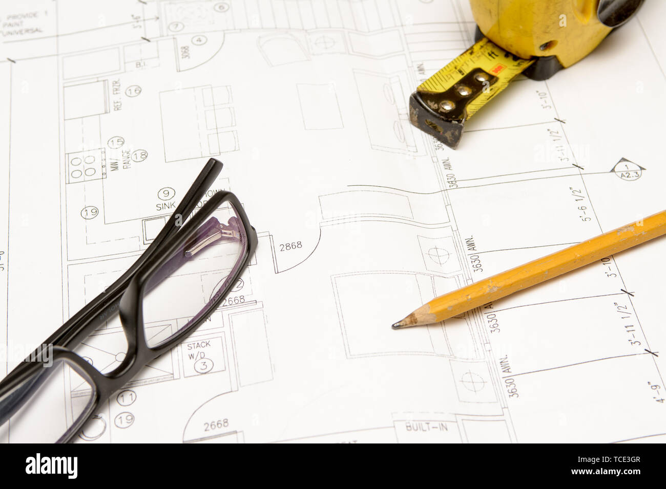 Architecture BluePrints with various tools Stock Photo - Alamy