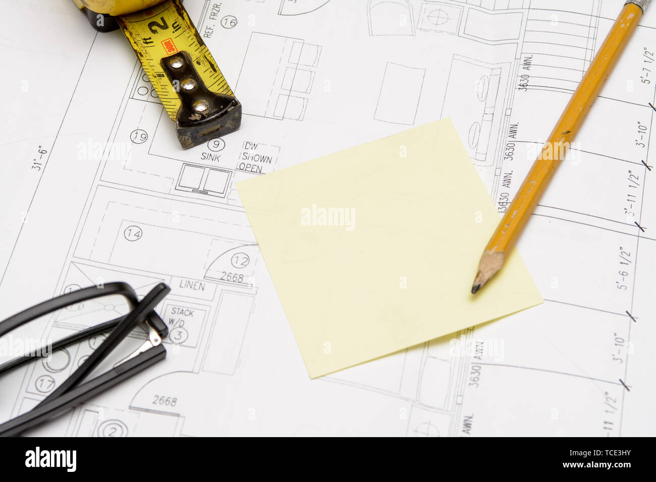 Architecture BluePrints with various tools Stock Photo - Alamy
