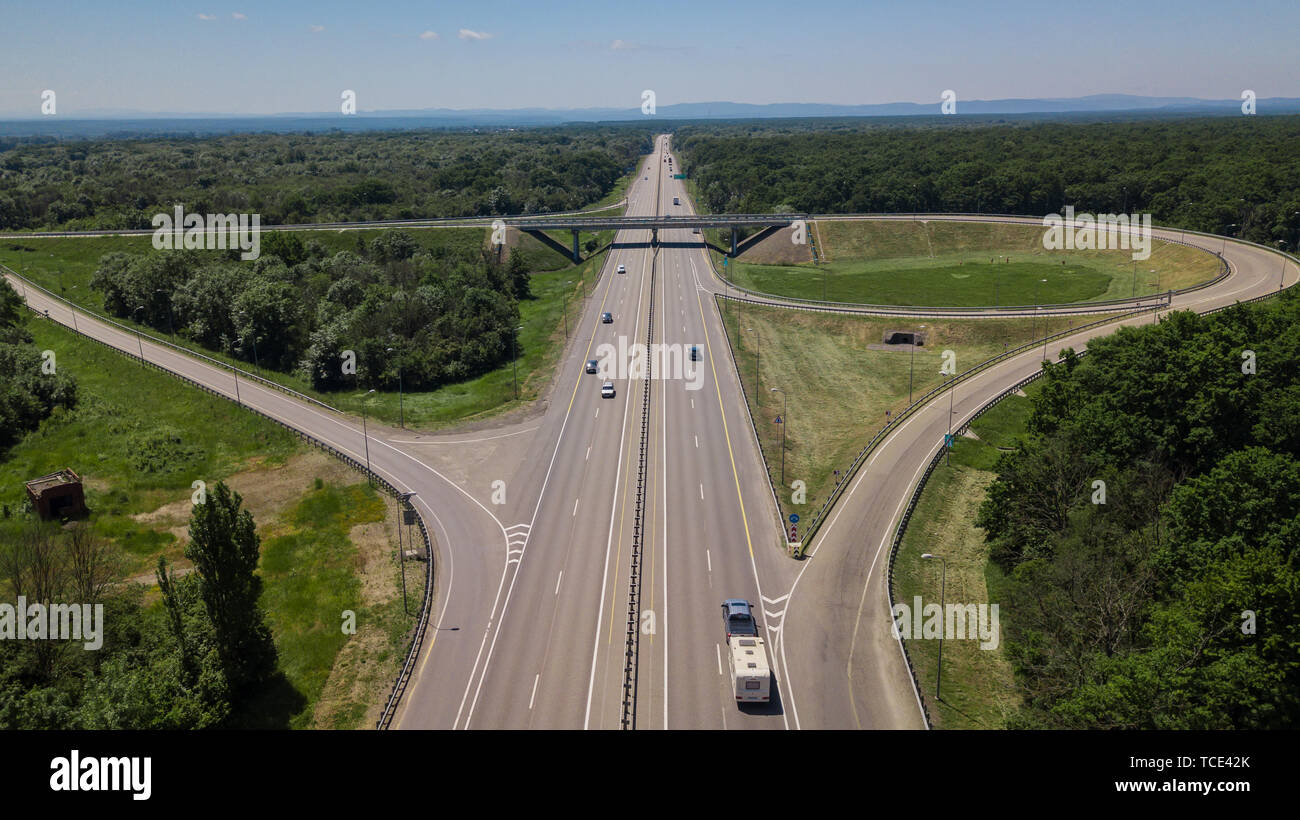 Aerial view of highway cloverleaf interchange seen from above Stock ...