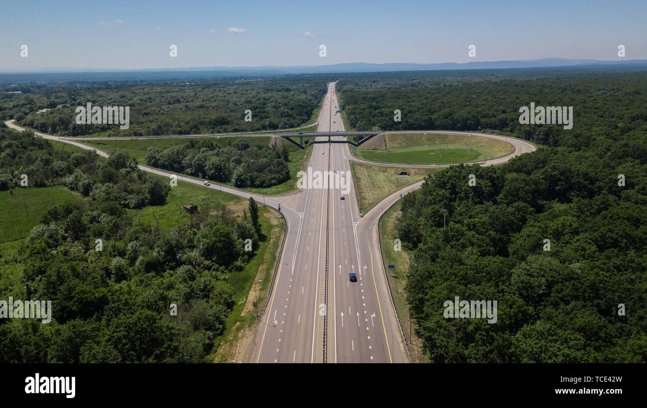Aerial view of highway cloverleaf interchange seen from above Stock ...