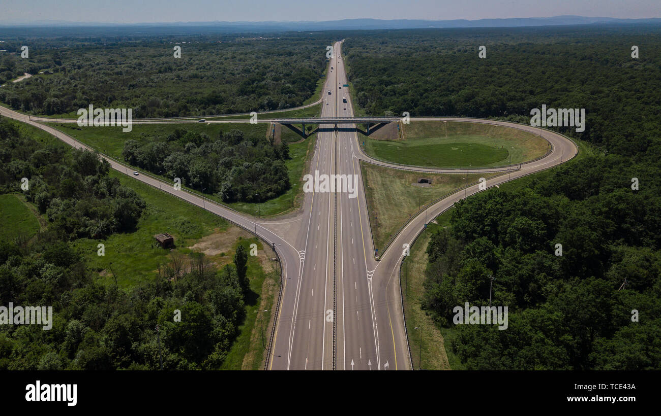 Aerial view of highway cloverleaf interchange seen from above Stock ...