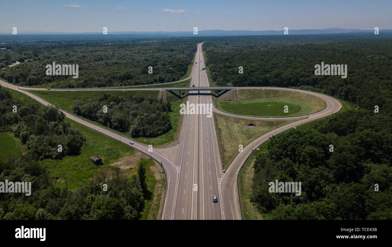 Aerial view of highway cloverleaf interchange seen from above Stock ...