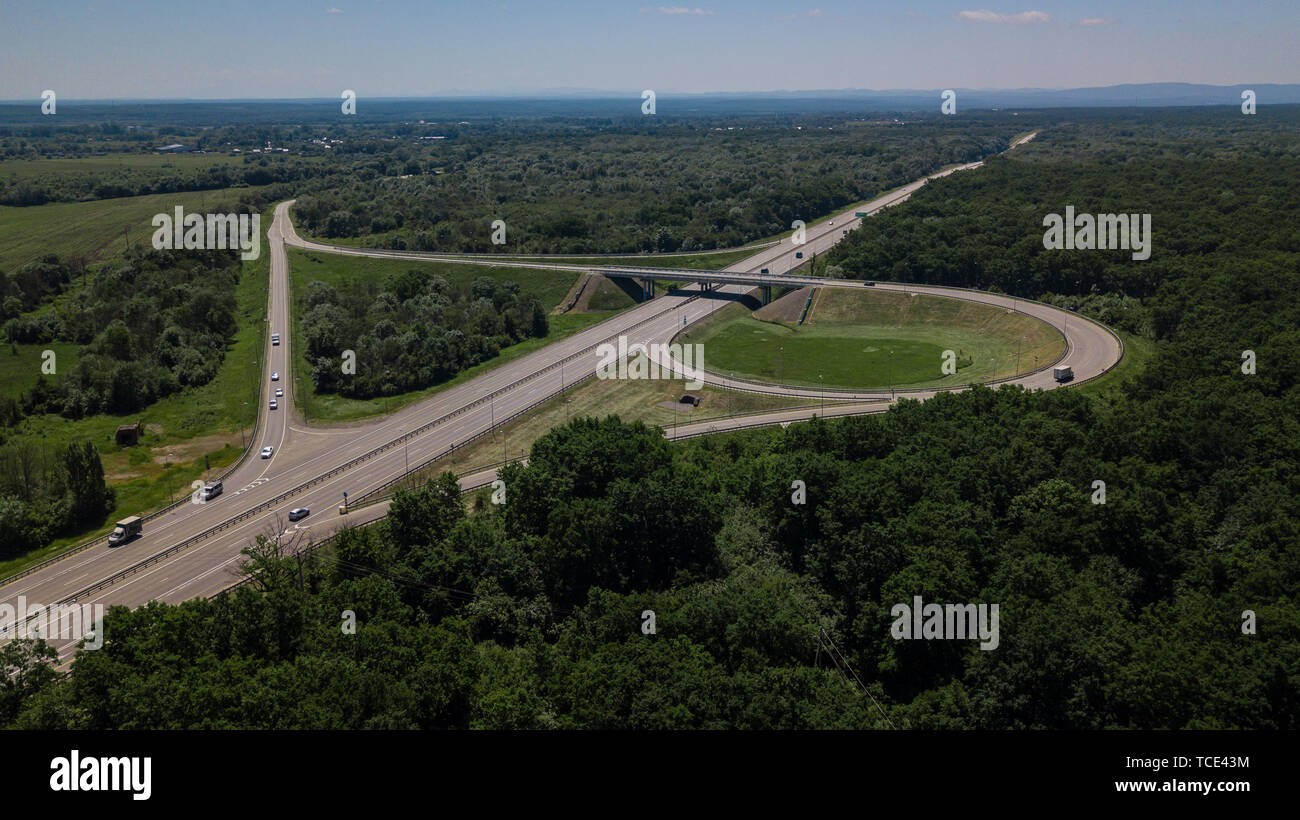 Aerial view of highway cloverleaf interchange seen from above Stock ...