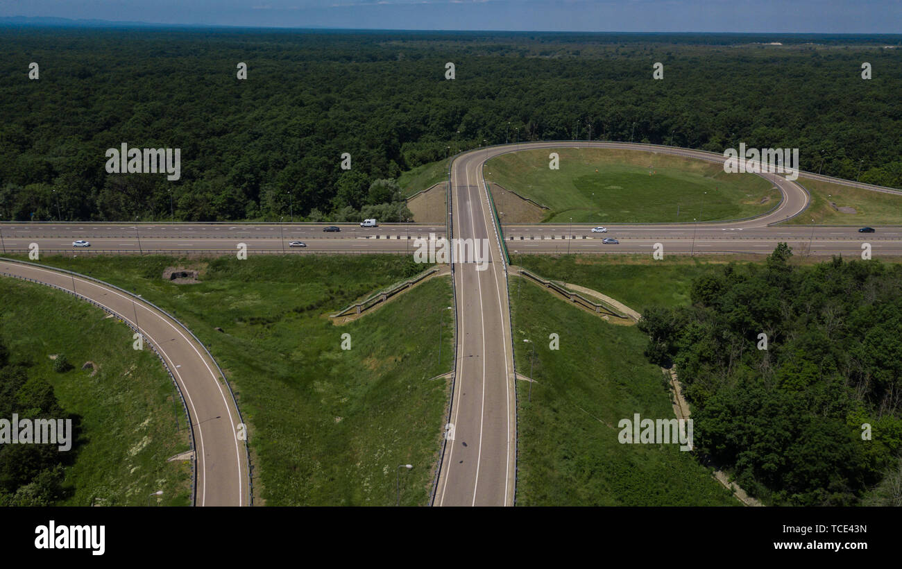 Aerial view of highway cloverleaf interchange seen from above Stock ...