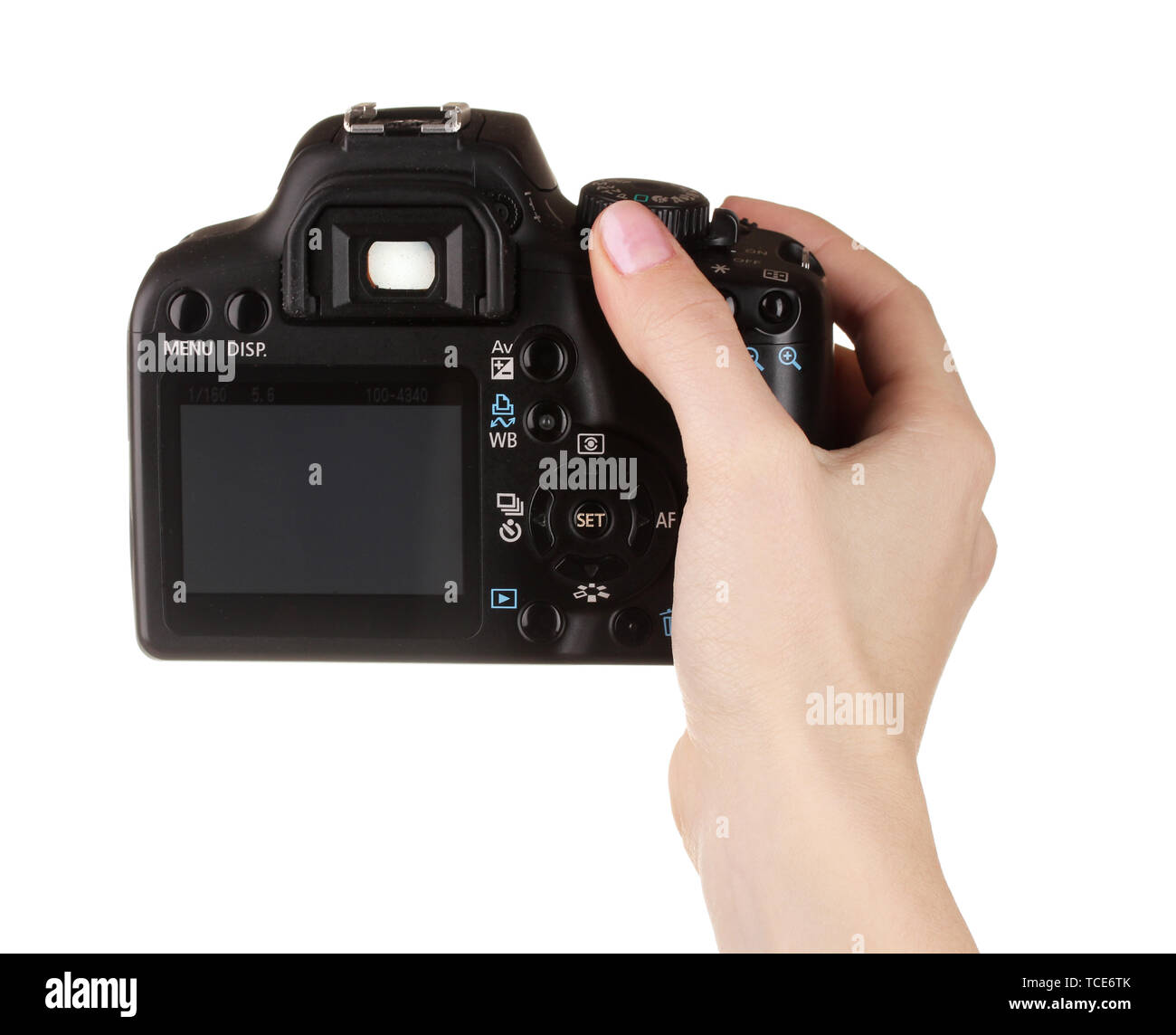 Digital photo camera in hand isolated on white Stock Photo - Alamy