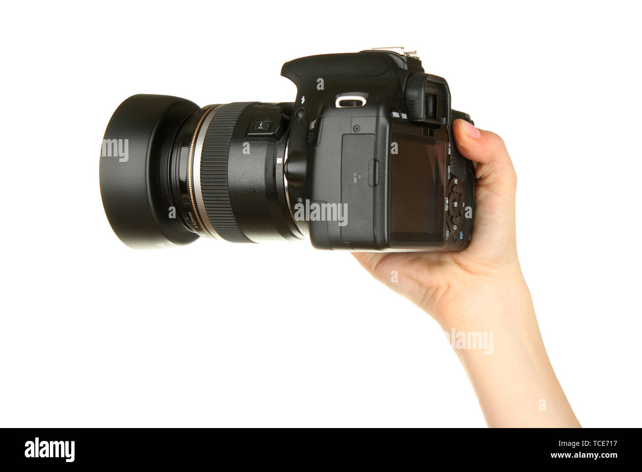 Digital photo camera in hand isolated on white Stock Photo - Alamy