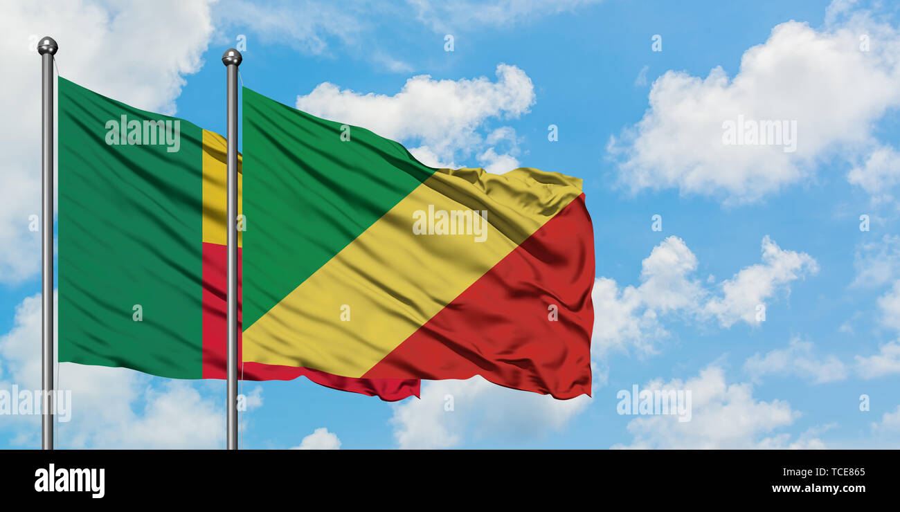 Benin and Republic Of The Congo flag waving in the wind against white ...