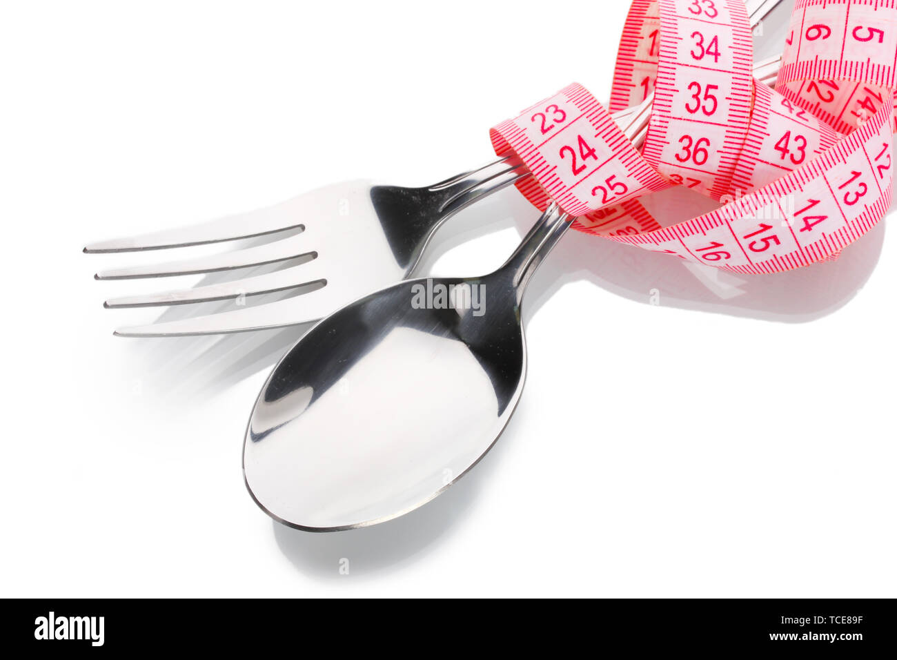 Fork, spoon and measuring tape isolated on white Stock Photo - Alamy