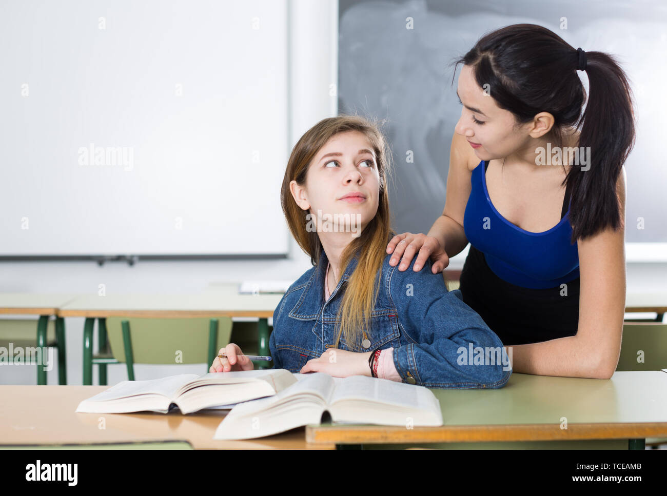 Smiling schoolgirls are learning with help each other at the desk in ...