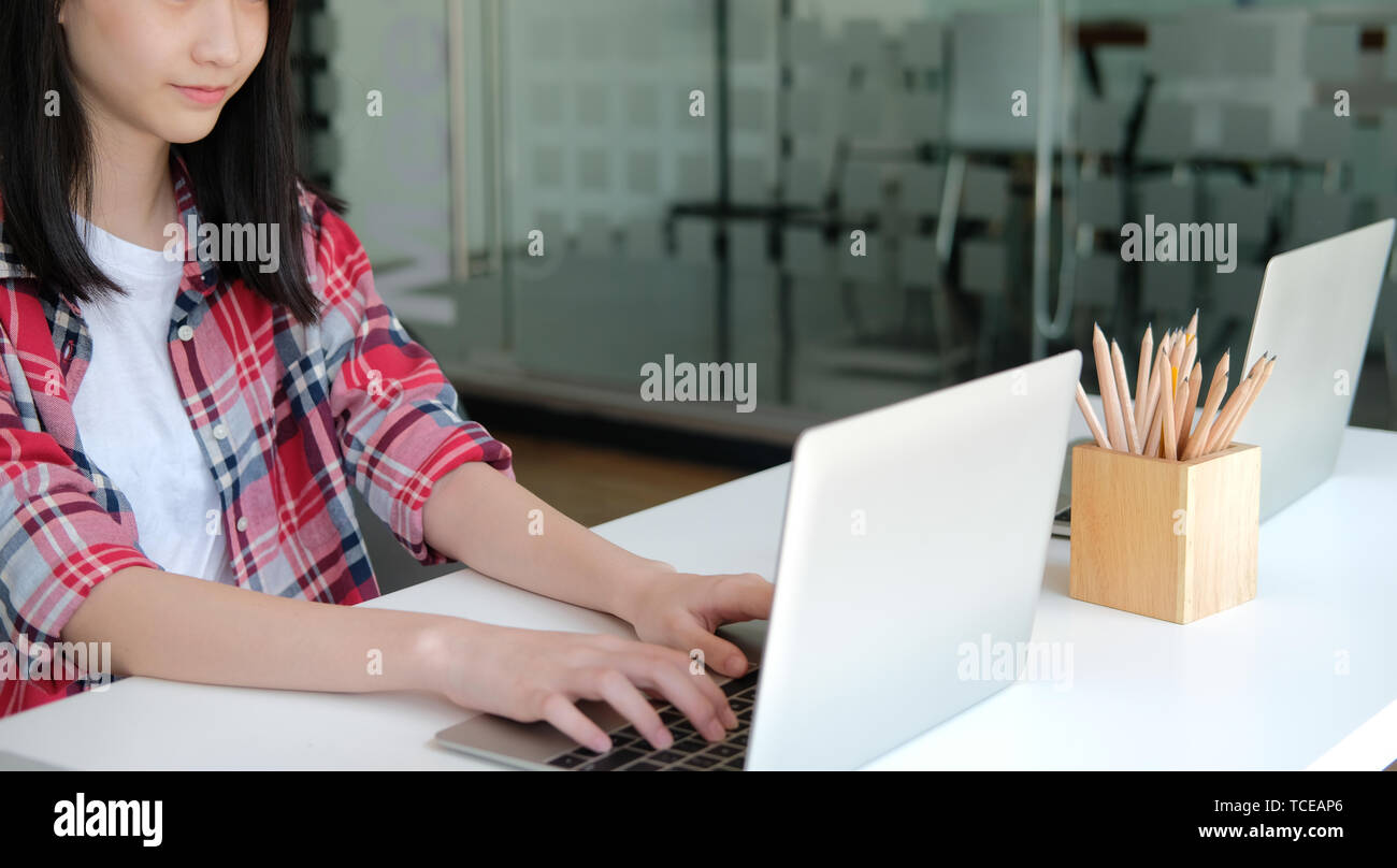 girl teenager college high school student studying with computer laptop ...